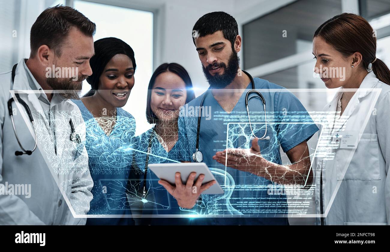 Tablet, research or doctors with futuristic 3d hologram overlay for ...
