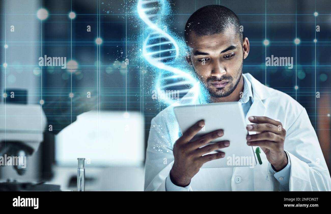 Scientist, tablet and lab with overlay for research, dna and medical ...
