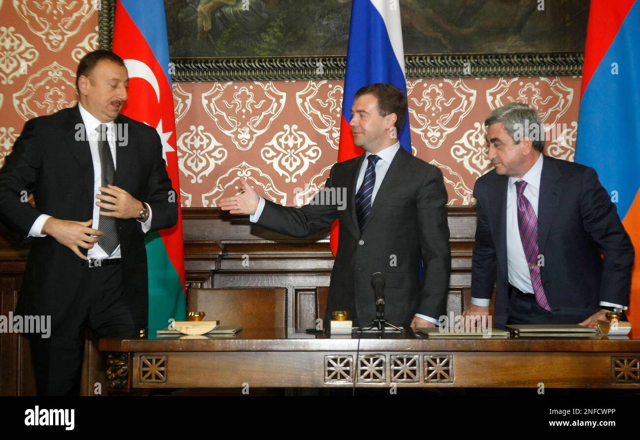 Russian President Dmitry Medvedev, center, Armenian President Serge ...