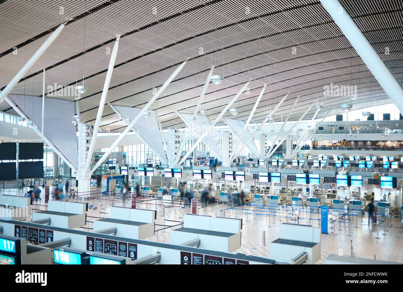 Airport, travel and arrival or departure in a terminal with a boarding ...