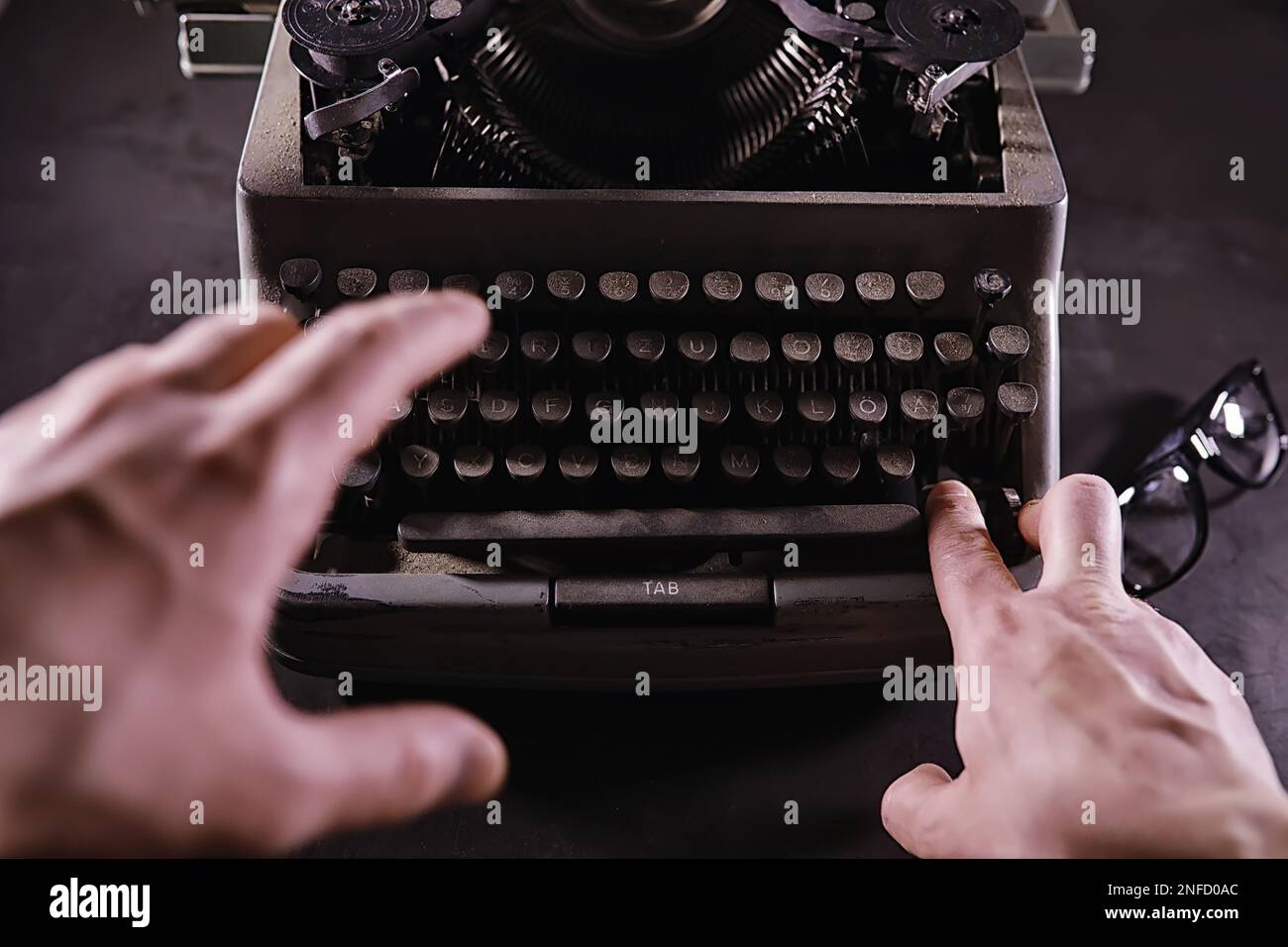 Vintage journalist tool. Typewriter retro. The writer is at work. Seal ...