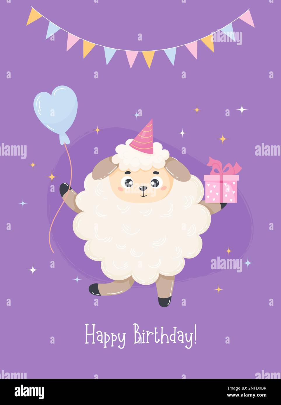 Cute sheep birthday with balloon, gift and garland. Happy birthday ...