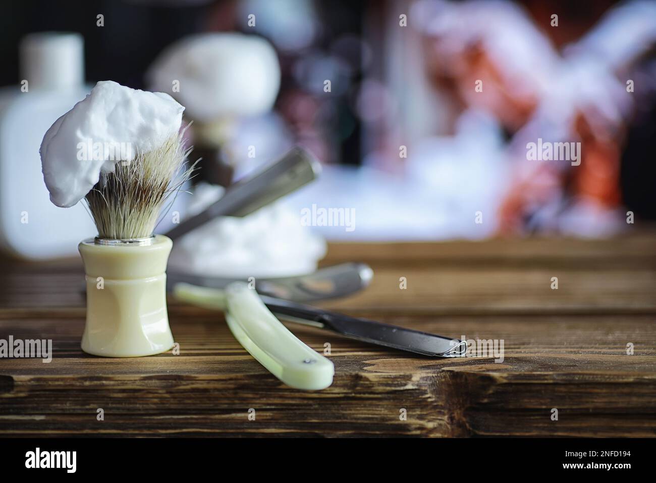 Shaving accessories on a wooden texture background. Tools. Disposable ...