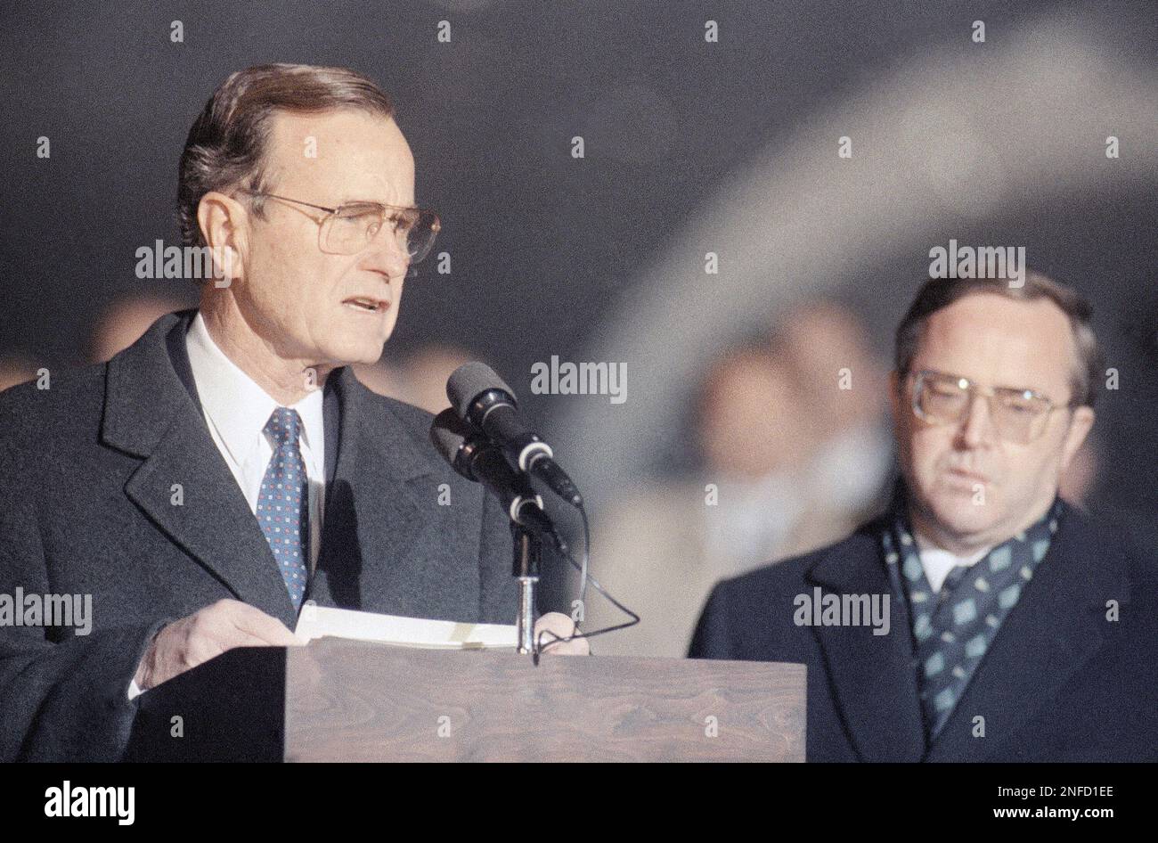 U.S. President George H. Bush delivers his speech on arriving at ...