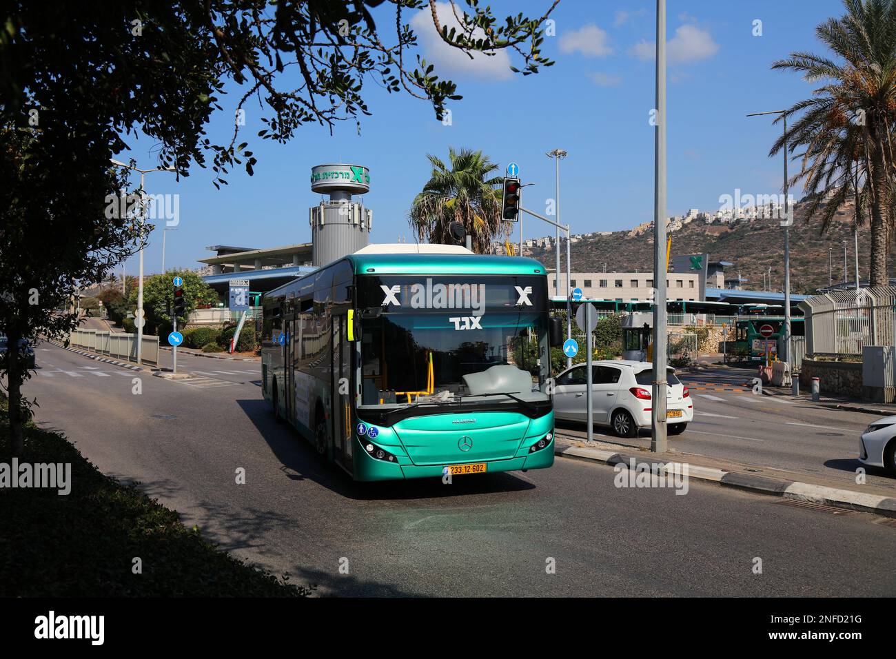 HAIFA, ISRAEL - NOVEMBER 1, 2022: Bus drives out of Hof HaKarmel ...