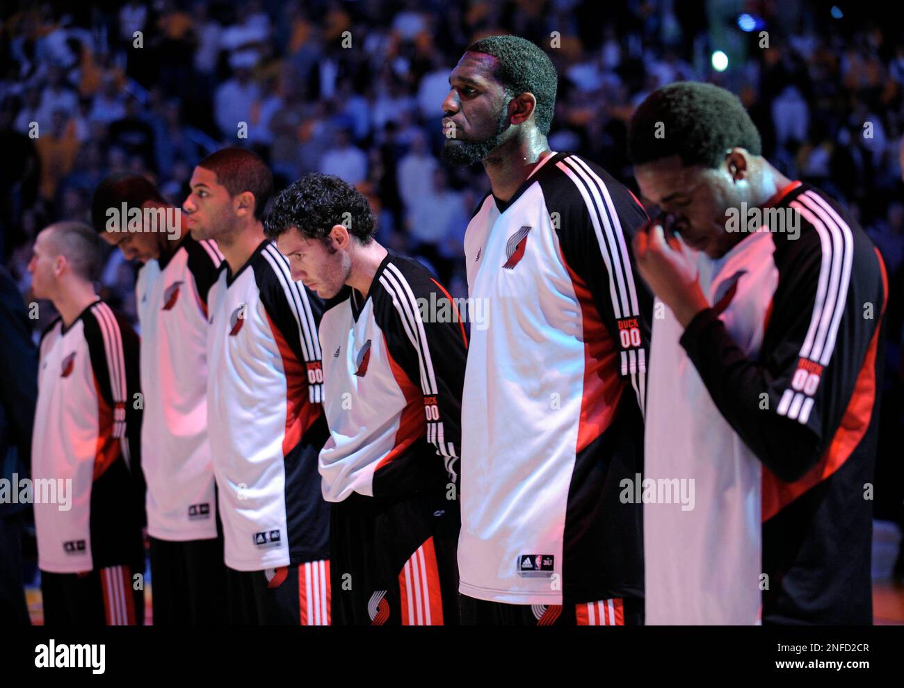 Portland Trail Blazers center Greg Oden, second right, makes his NBA ...