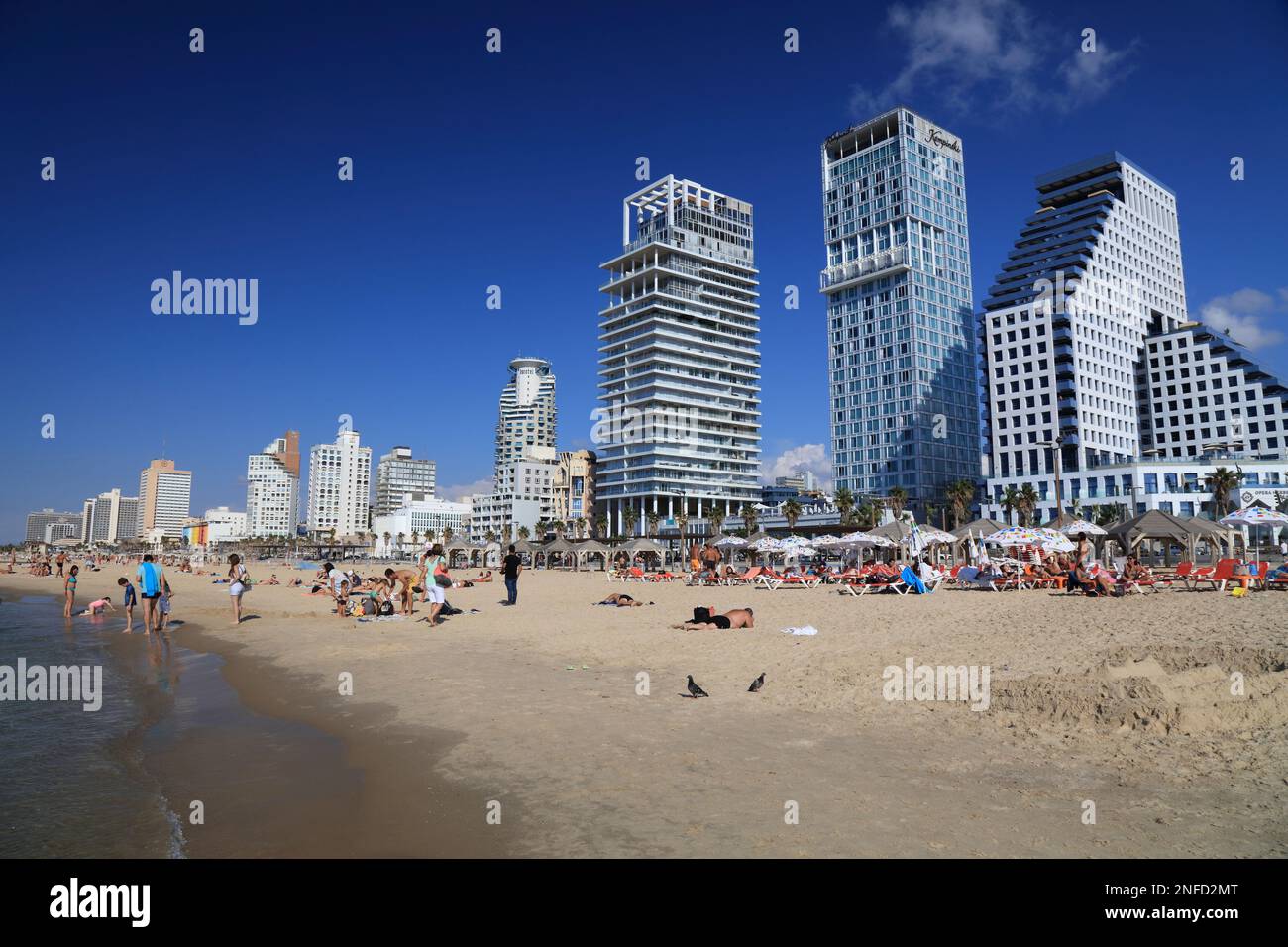 TEL AVIV, ISRAEL - NOVEMBER 2, 2022: People visit Allenby Beach (also ...