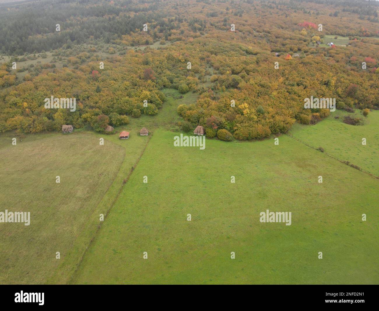 A drone shot of rural wooden cottages in a large green field in Sjenica ...