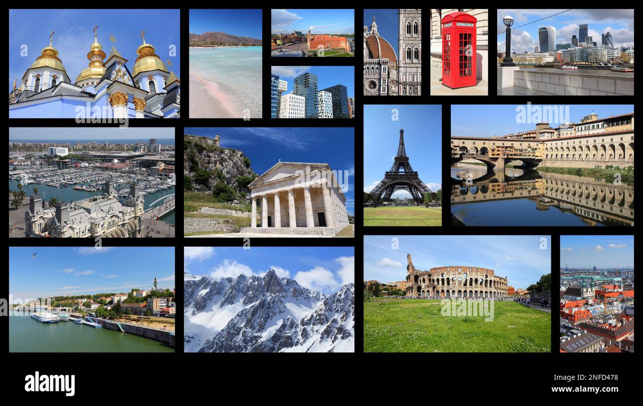 Europe landmarks - tourism attractions collage including London, Oslo, Paris, Rome, Florence ...