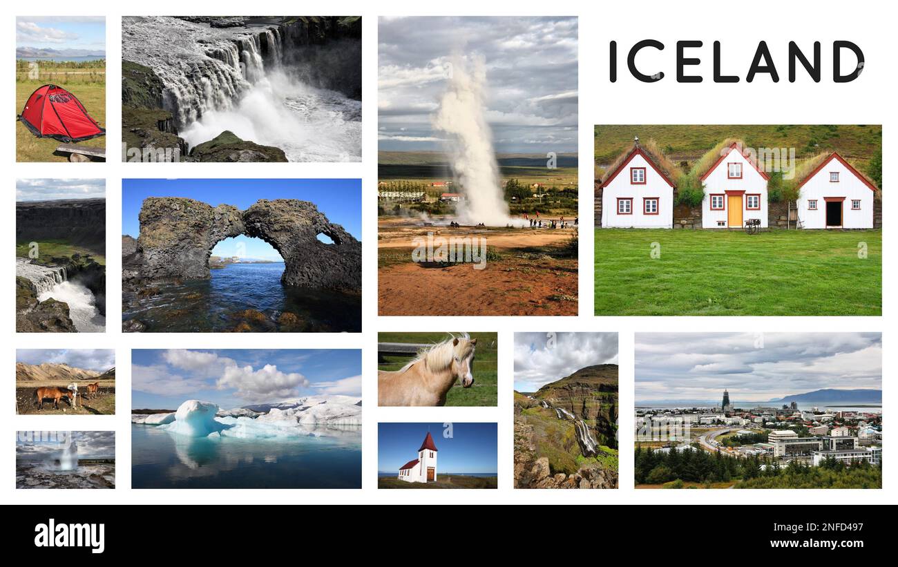 Iceland postcard - travel place landmark photo collage Stock Photo - Alamy