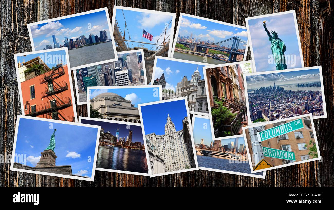 New York City travel collage. Travel destinations landmark photo pile ...