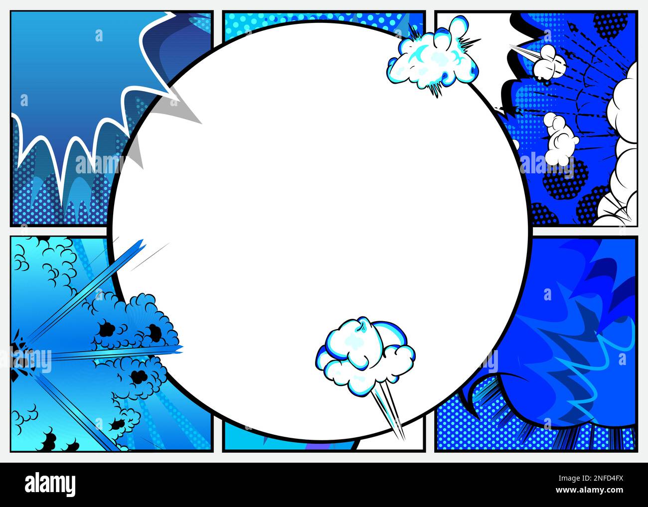 Blank Circle shape on Blue Cartoon vector Comic Book background. Pop ...