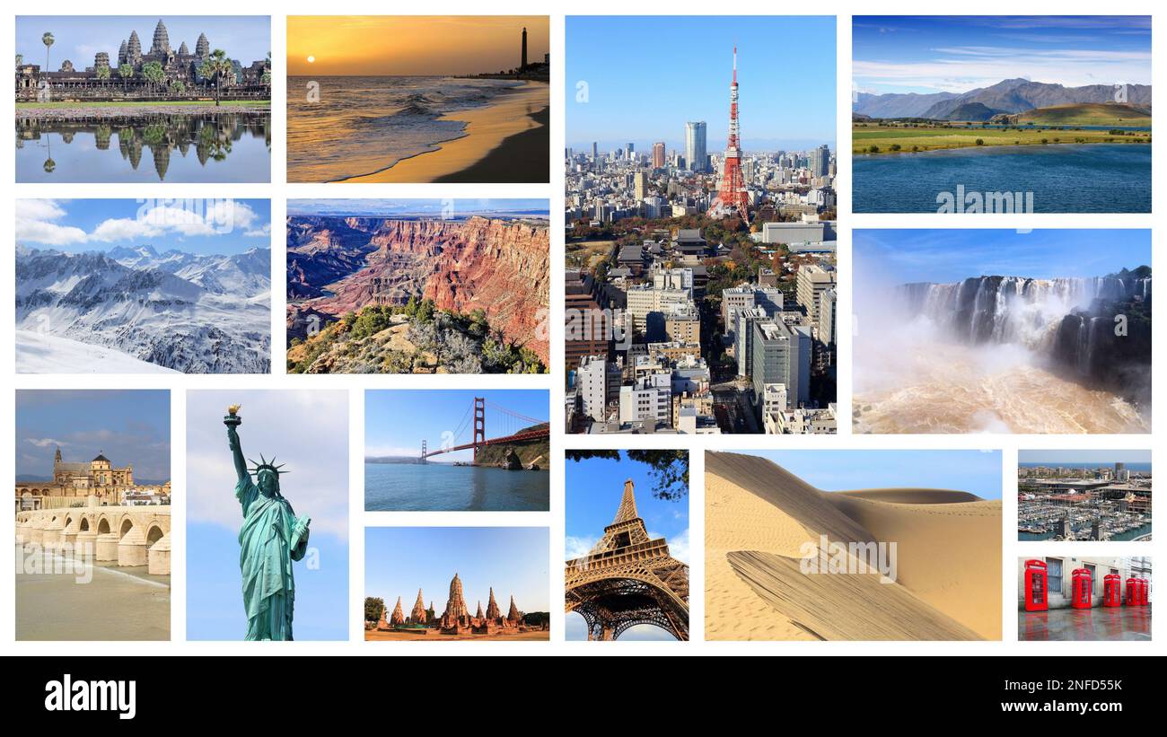 Collection of world travel landmarks - photo collage with Paris, New ...