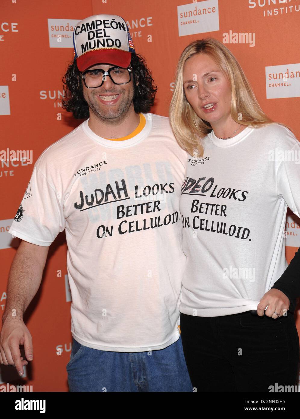 Actors Judah Friedlander and Hope Davis show off their personalized t ...