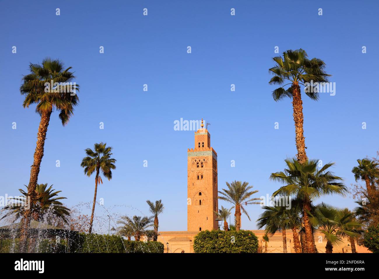 Marrakech city landmark in Morocco. Koutoubia Mosque in sunset light ...