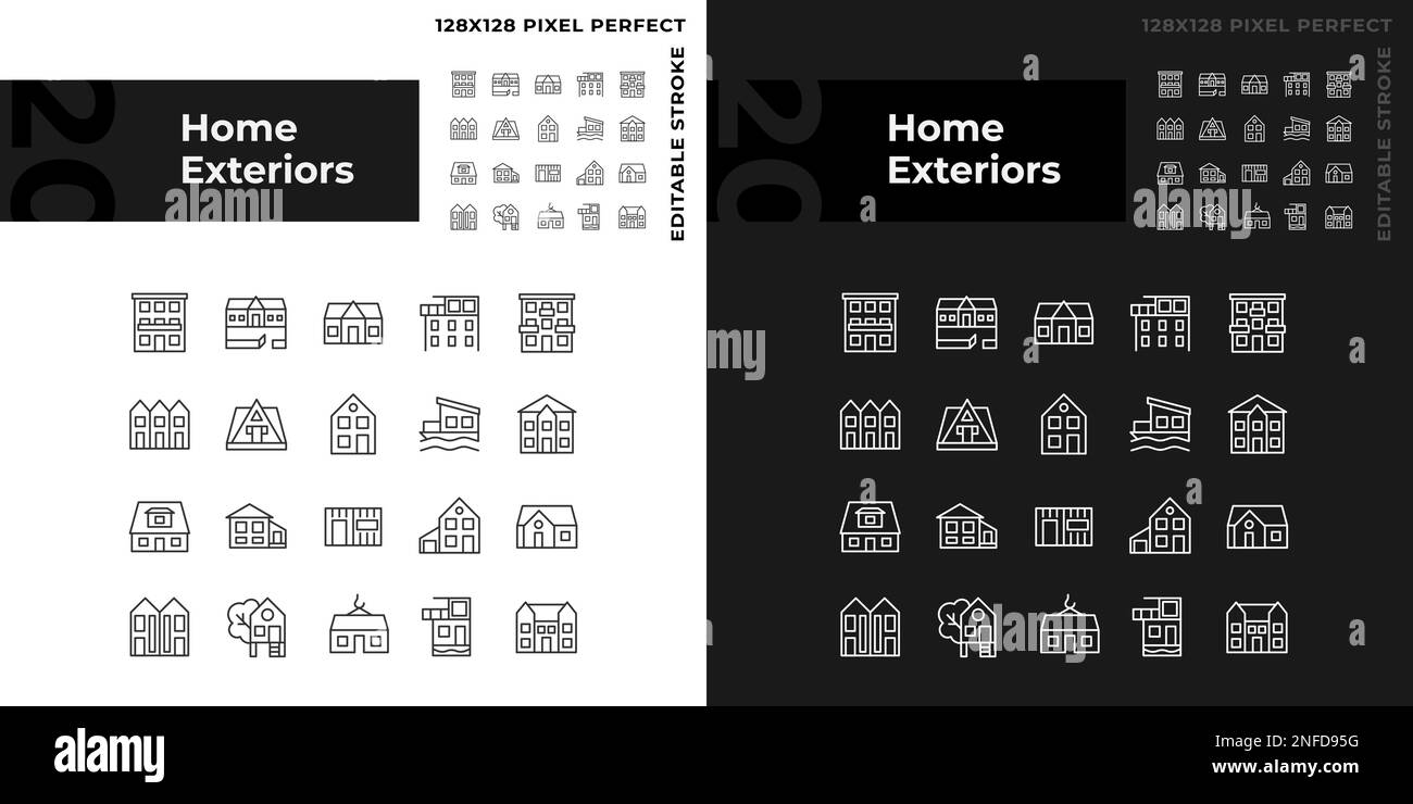 Home exteriors pixel perfect linear icons set for dark, light mode Stock Vector Image & Art - Alamy