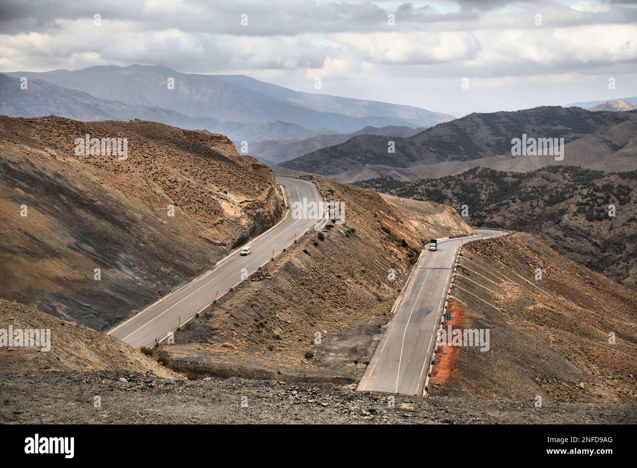 Morocco High Atlas road. Winding scenic road to Tizi N'Tichka mountain ...