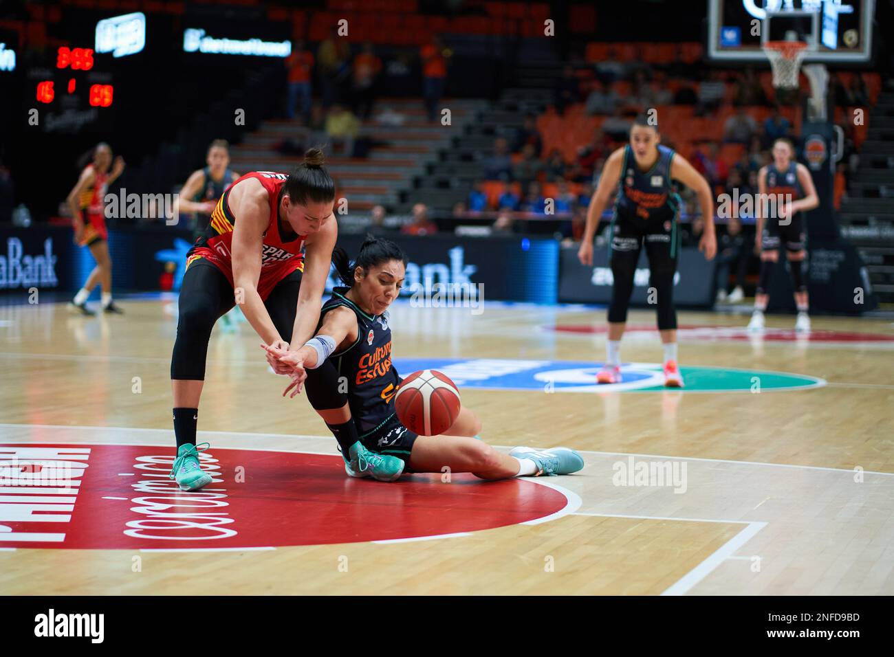 Valencia, Spain. 16th Feb, 2023. Maria Araujo of Spar Girona (L) and ...