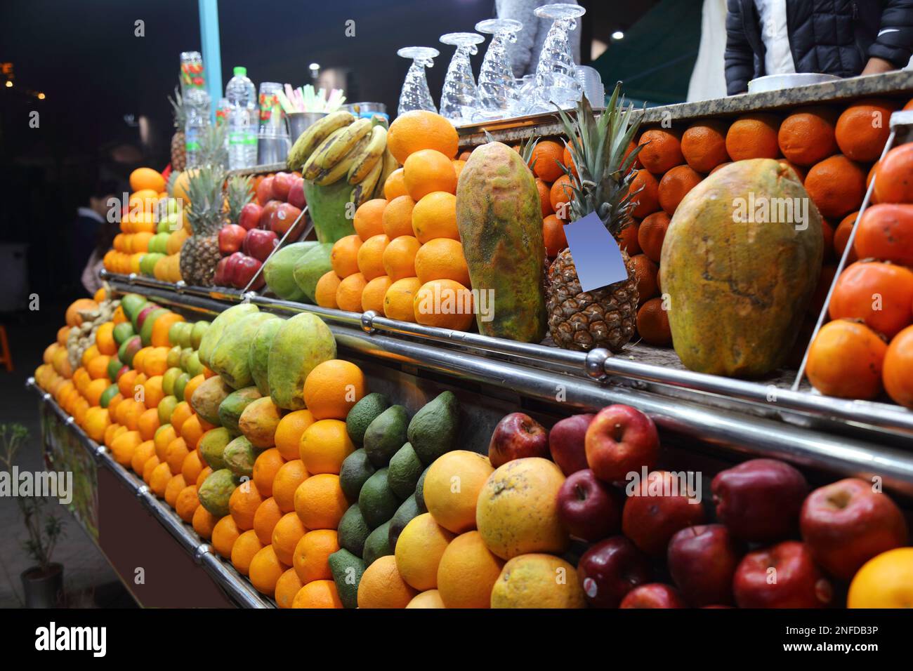 Juice stand at Jemaa El-Fnaa market in Marrakech, Morocco. Stacked ...