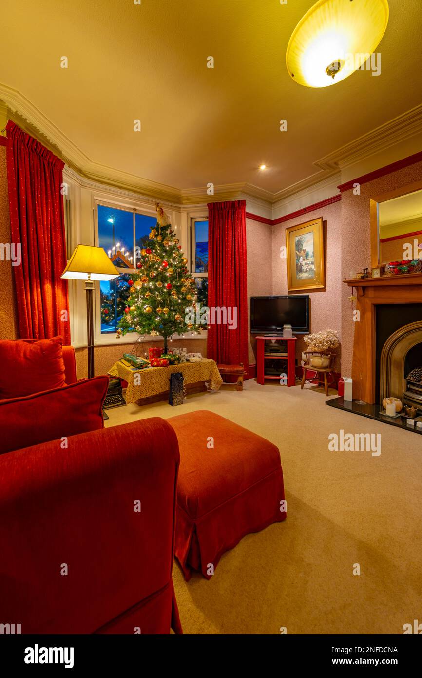 A typical lounge decorated with a Christmas tree Stock Photo - Alamy