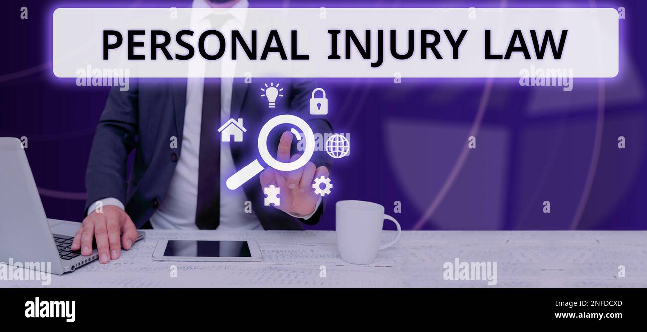 Sign displaying Personal Injury Law, Word Written on being hurt or ...