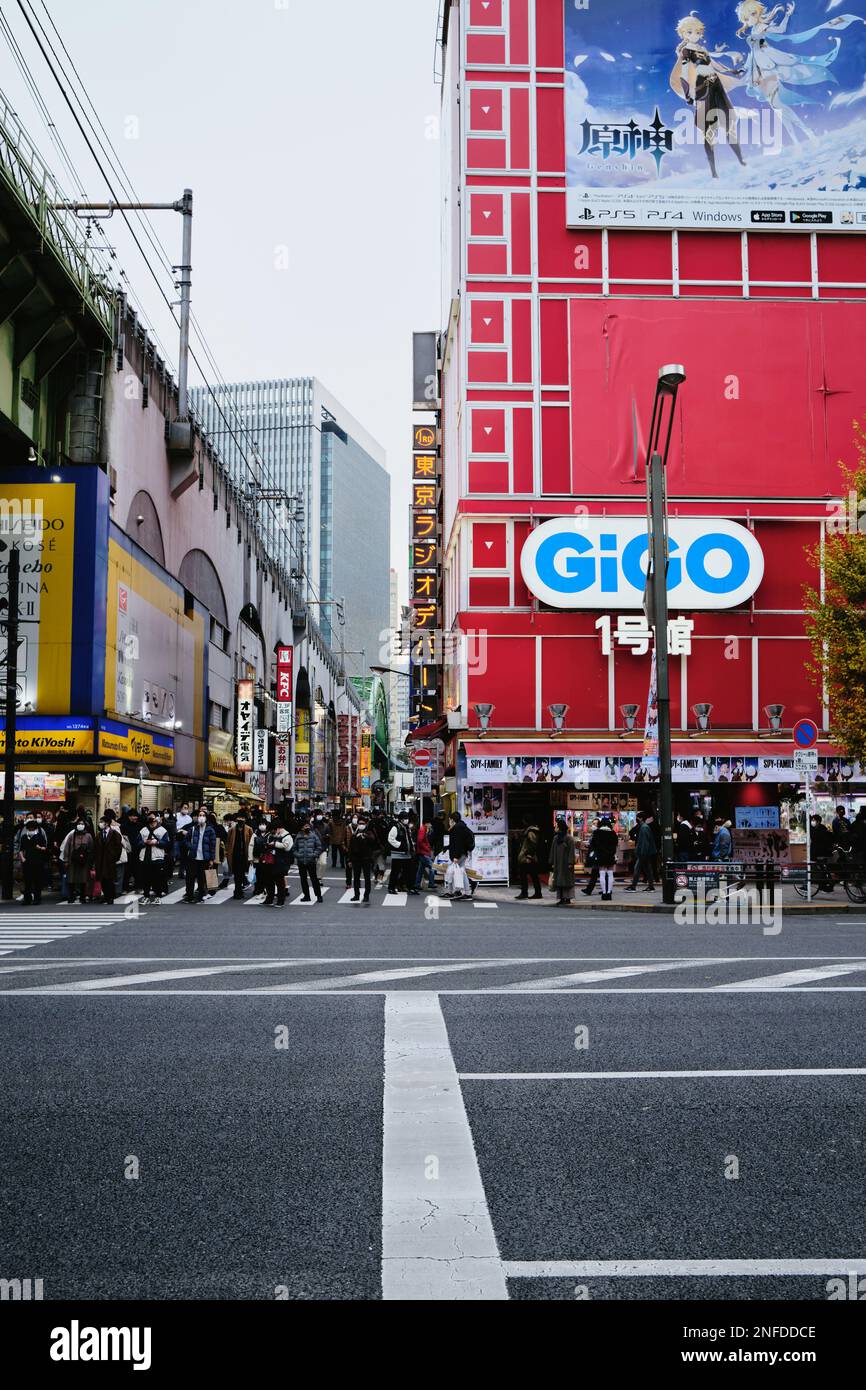 Crowds wandering through a backstreet in Akihabara in Tokyo, Japan ...