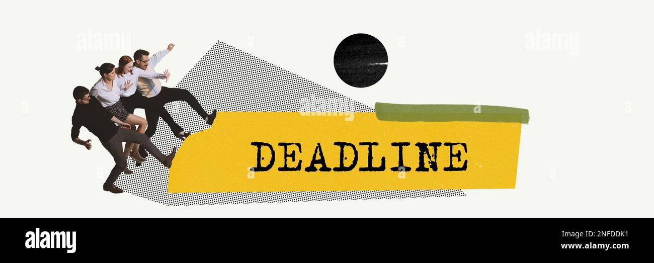 Time management. Contemporary art collage. Group of employees finishing ...