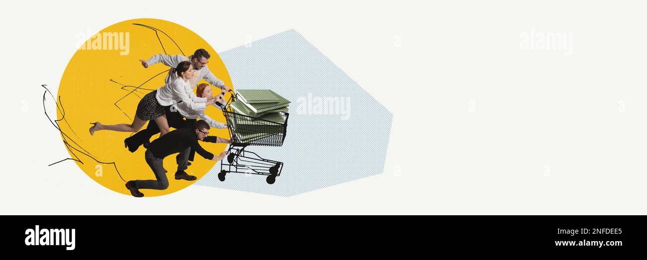 Tasks. Contemporary art collage. Group of employees pushing trolley ...