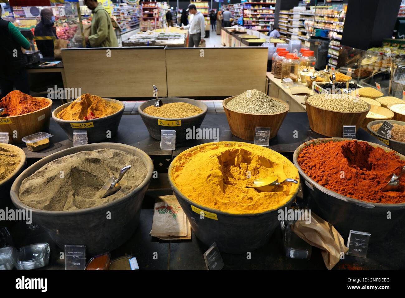 AGADIR, MOROCCO - FEBRUARY 13, 2022: Herb and spice aisle in a generic ...