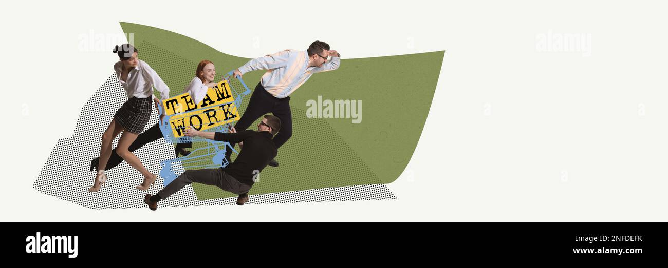 Teamwork. Contemporary art collage. Motivated, hard-working employees ...