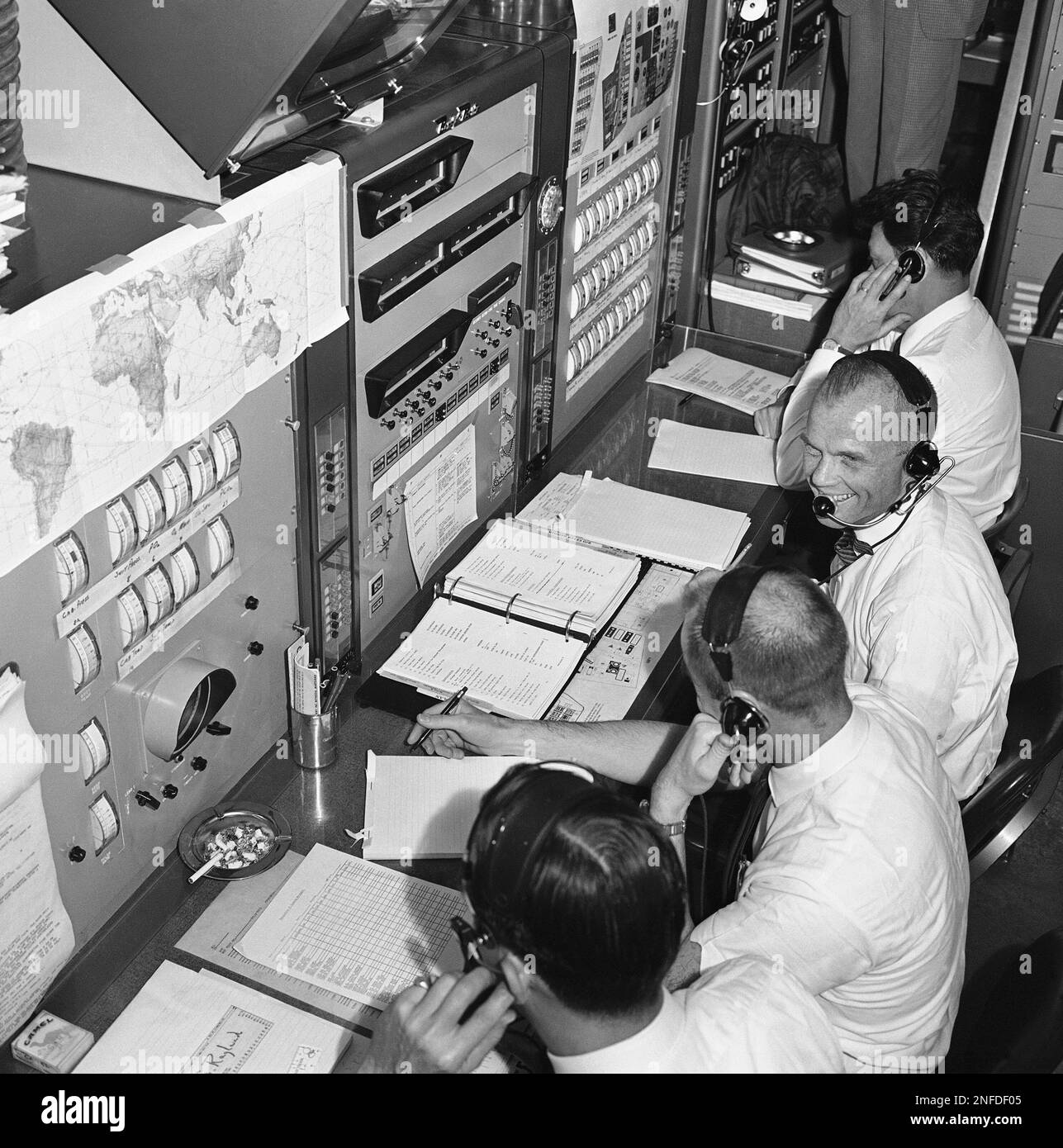 U.S astronaut John Glenn in the telemetry control room aboard the NASA ...