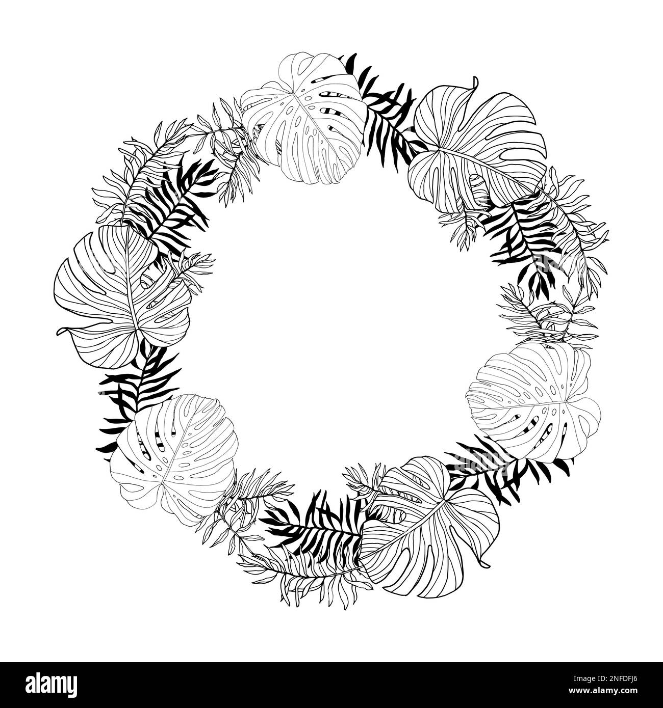 Circle frame with tropical, jungle leaves, hand drawn, black and white ...