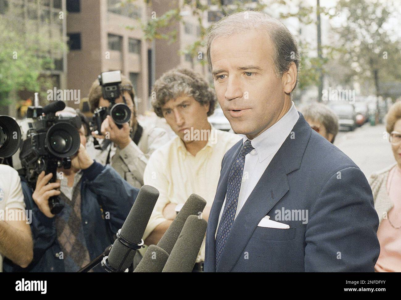 Sen. Joseph R. Biden Jr., D. Del., talks to reporters after his ...