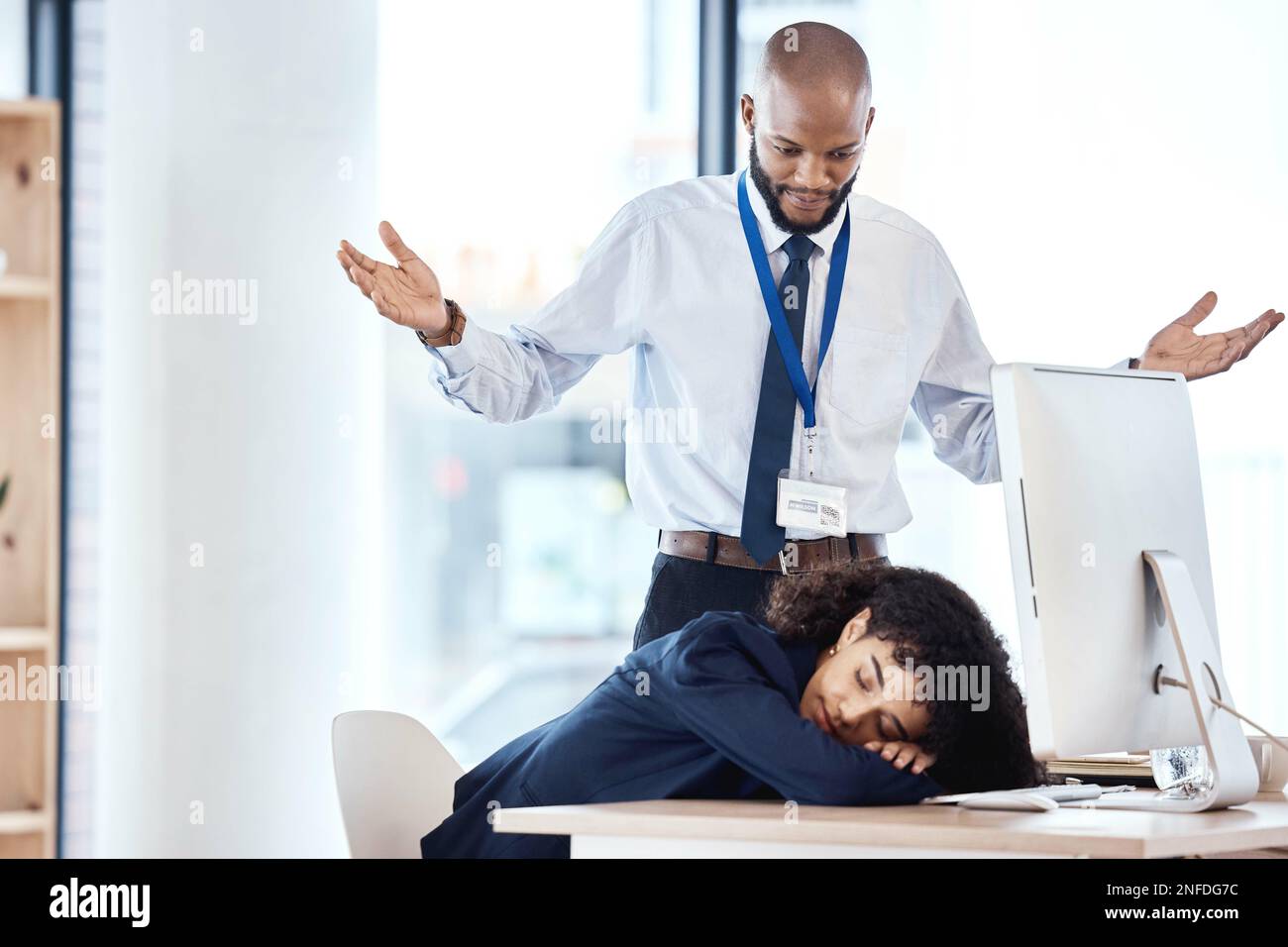 Lazy, boss and businesswoman or worker sleeping in office while frustrated or confused black man ...