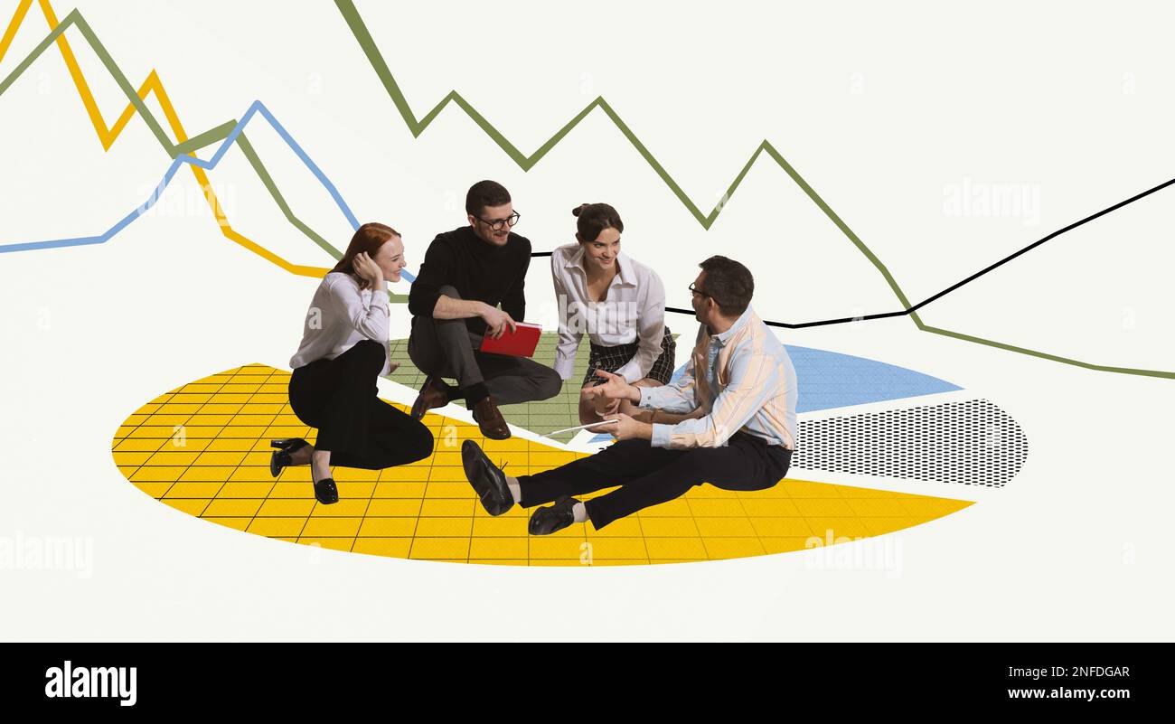 Positive strategy. Contemporary art collage. Motivated employees, team ...