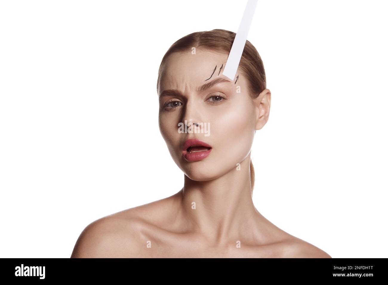 Beautiful female face with lifting up arrows isolated on white ...