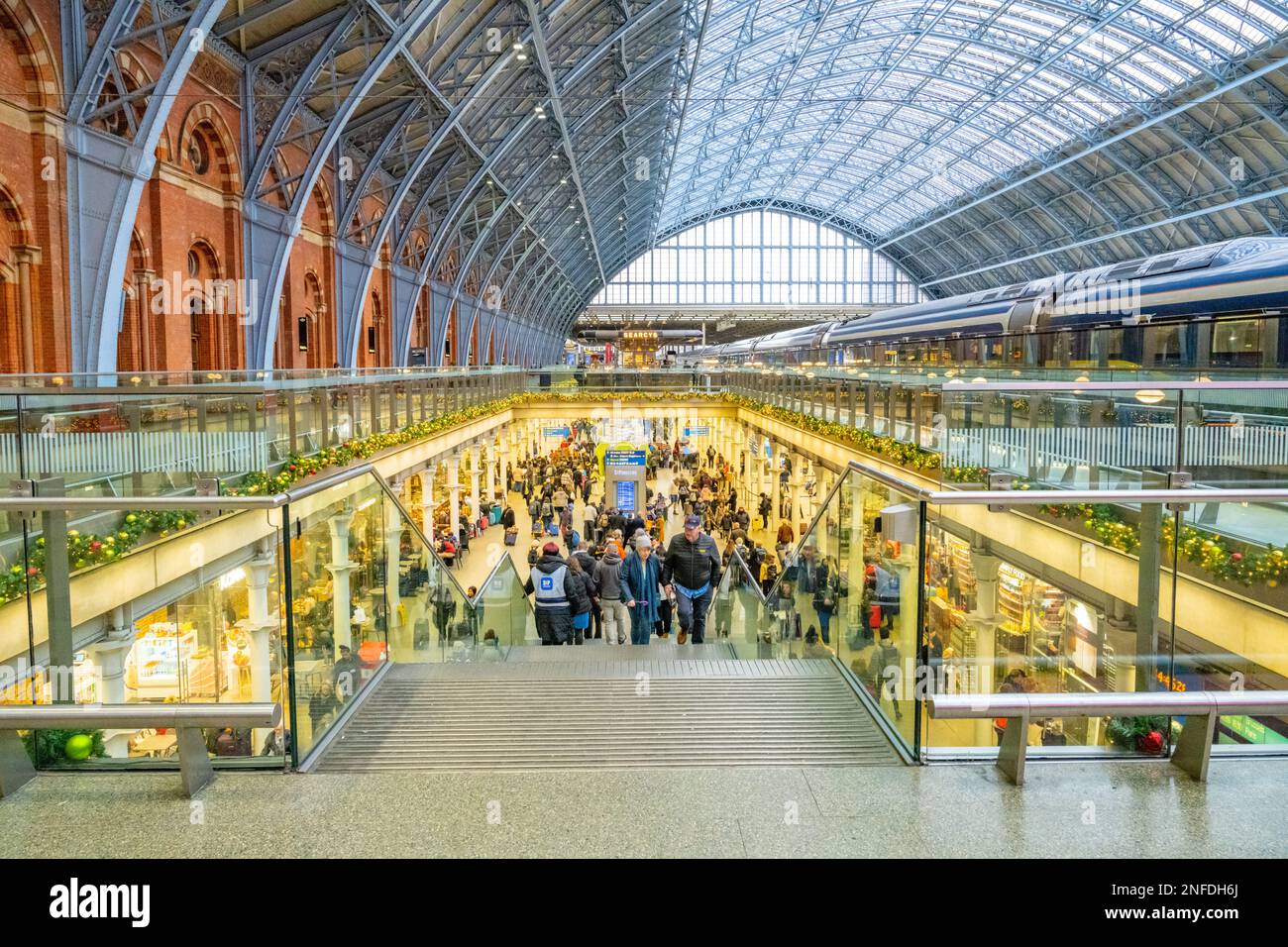 Interior with the upper and lower concourses of the Eurostar terminal ...