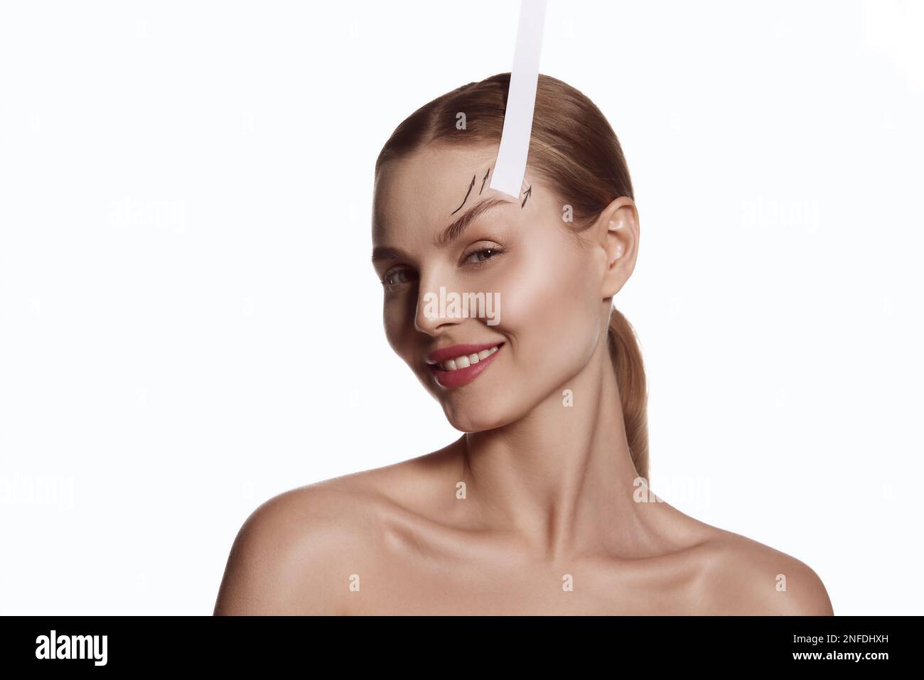 Beautiful female face with lifting up arrows isolated on white ...