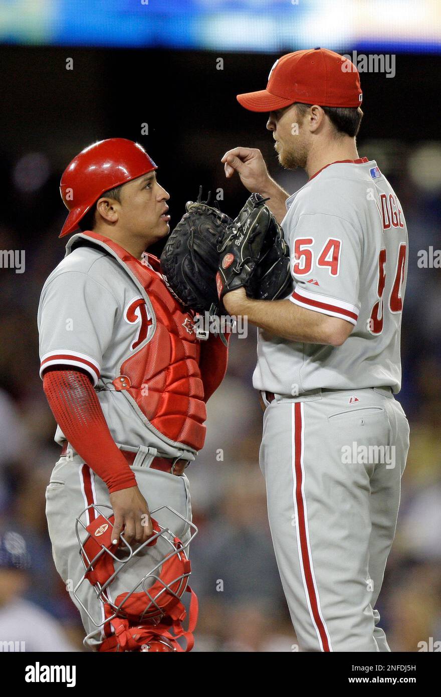 Philadelphia Phillies Brad Lidge #54 with catcher Carlos Ruiz during a ...