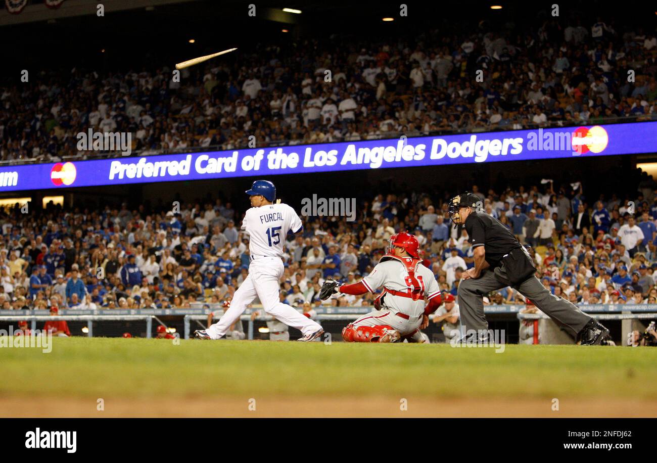 Los Angeles Dodgers Rafael Furcal breaks his bat against the ...