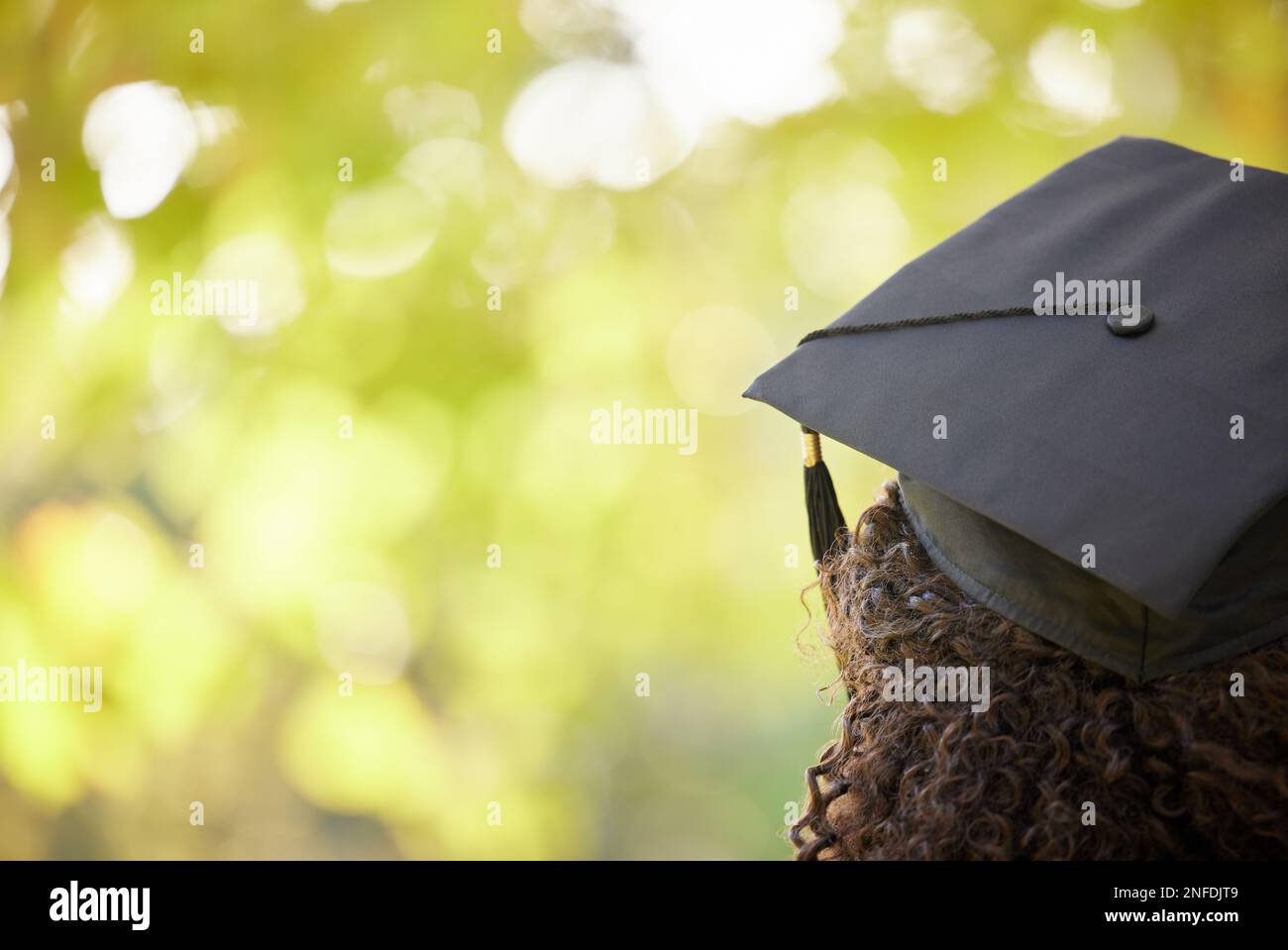Graduation cap, trees and back of woman outdoor for education ...