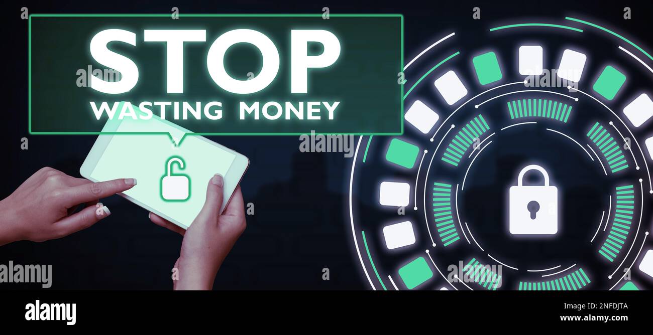Conceptual display Stop Wasting Money, Word for advicing person or ...