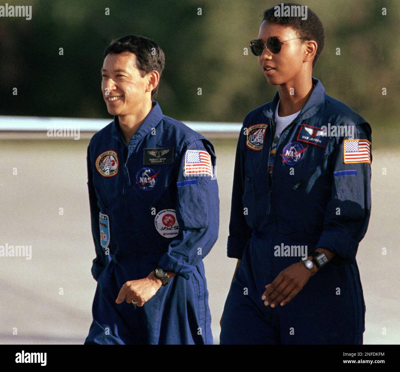Payload specialist Mamoru Mohri, left, of Hokkaido, Japan, and Mission Specialist Mae Jemison of ...