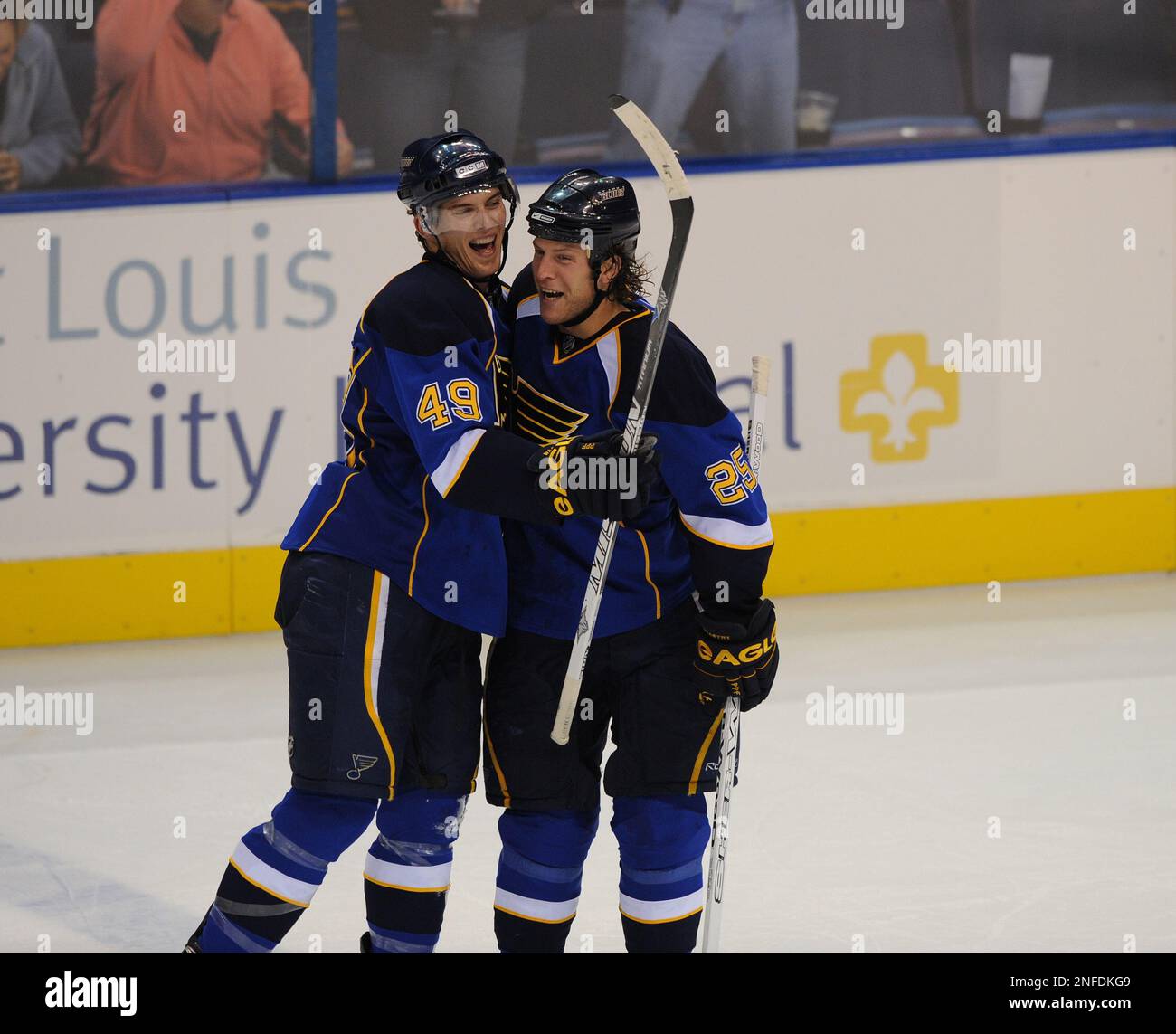 St. Louis Blues' Steve Wagner (49) and Yan Stastny (25) celebrate a ...
