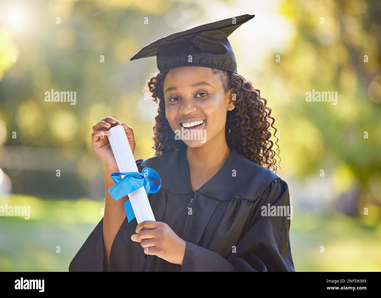 Certificate, graduation and smile with portrait of black woman in ...