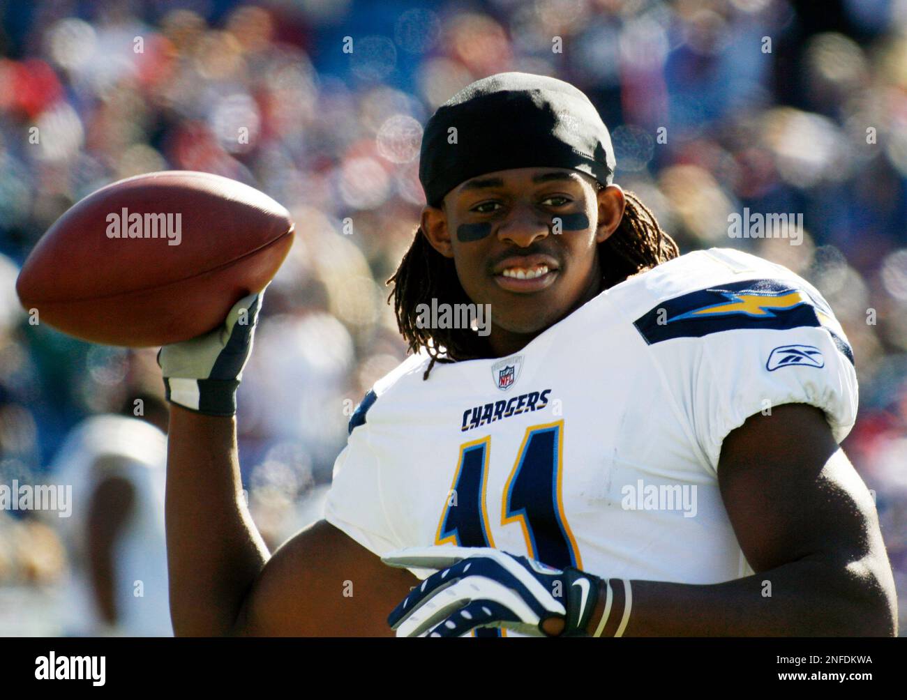 San Diego Chargers' Legedu Naanee passes during a delay in game due to ...