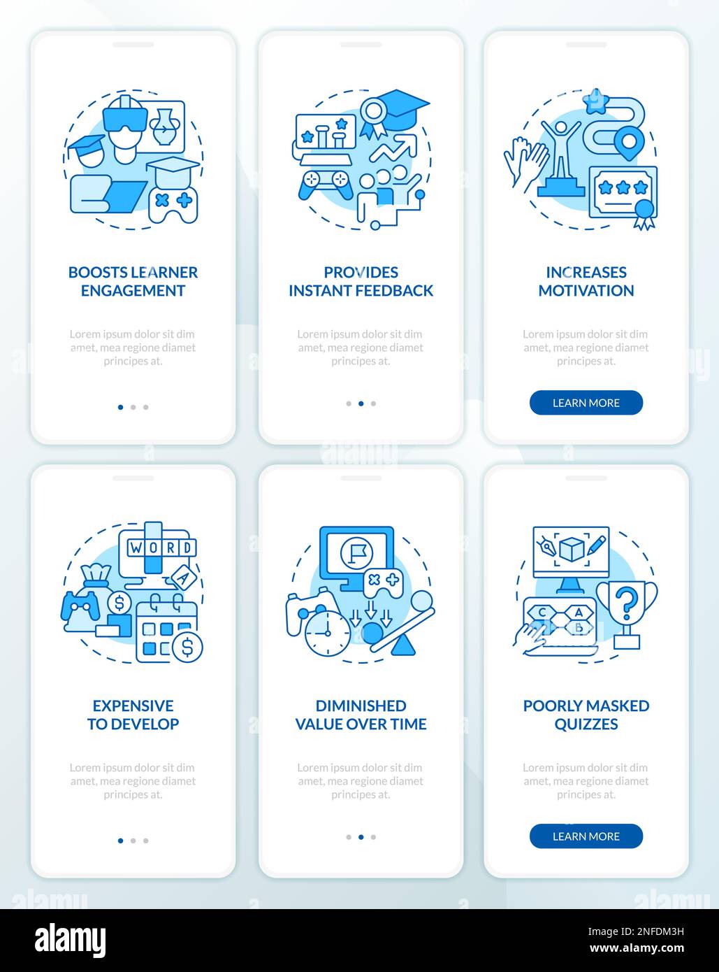 Gamification pros and cons blue onboarding mobile app screens set Stock ...