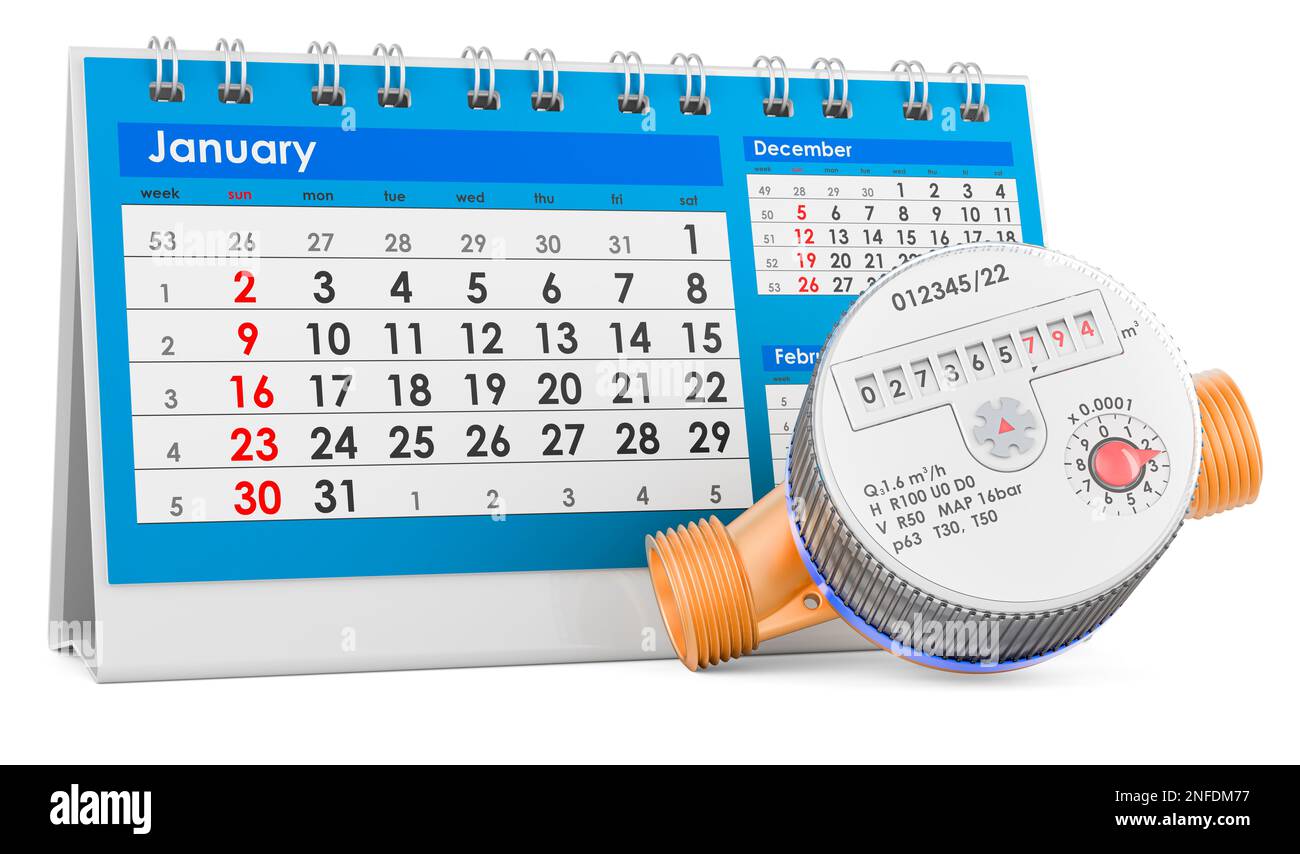 Water meter with desk calendar, 3D rendering isolated on white ...