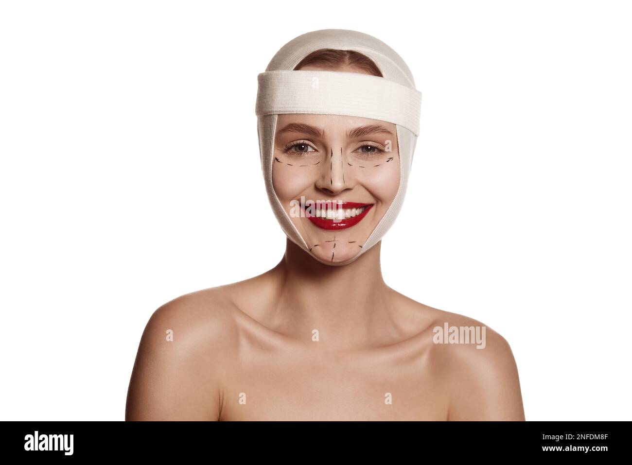 Female face bandaged with medical bandages human emotions. Making ...