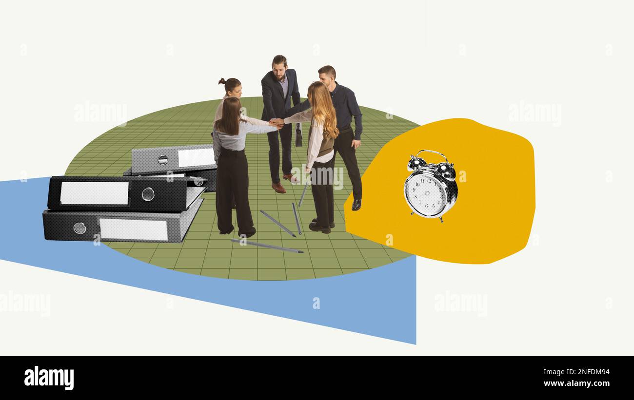 Well-coordinated teamwork. Contemporary art collage. Employees starting ...